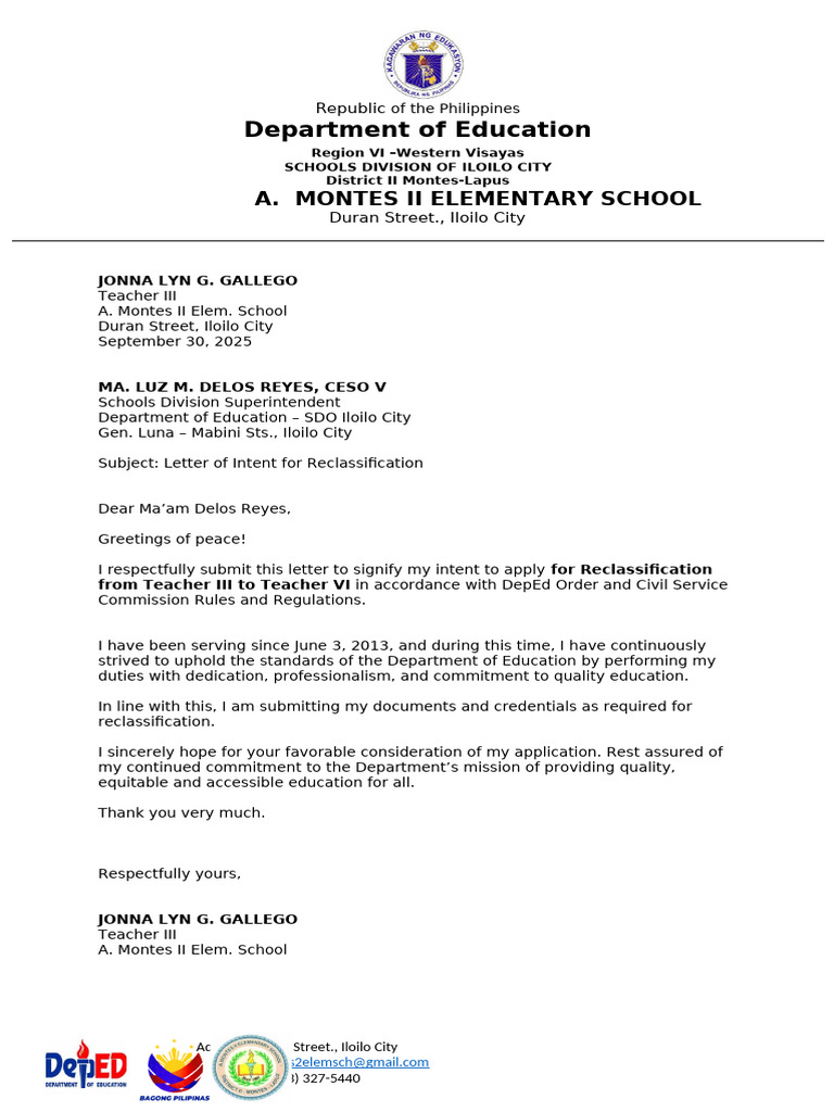 Intent Letter for Teacher Reclassification | PDF