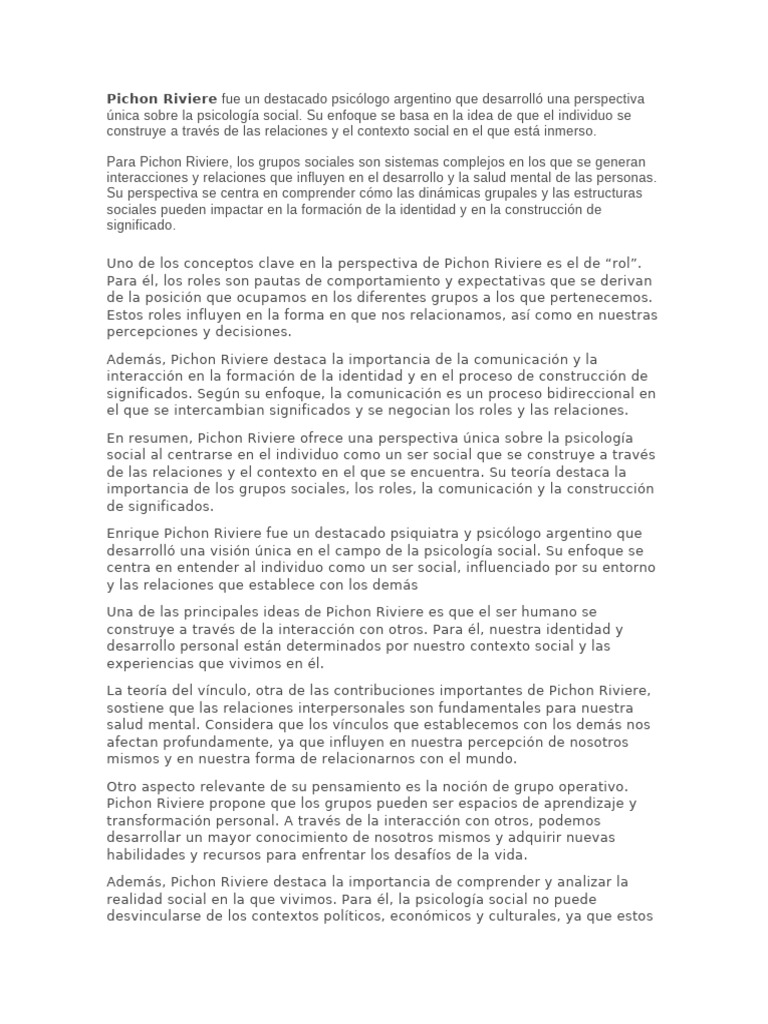 Aspectos Importantes de Pichon Riviere, Enrique | PDF | Sicología ...