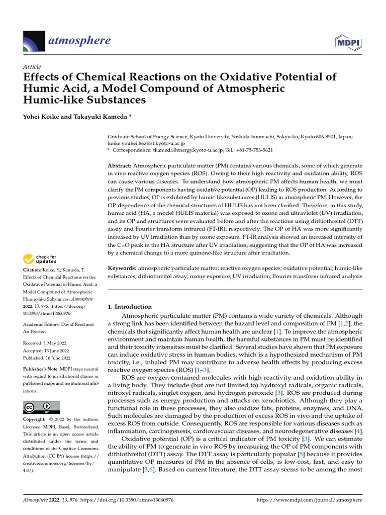 Humic Acid's Oxidative Potential Changes | PDF | Reactive Oxygen ...