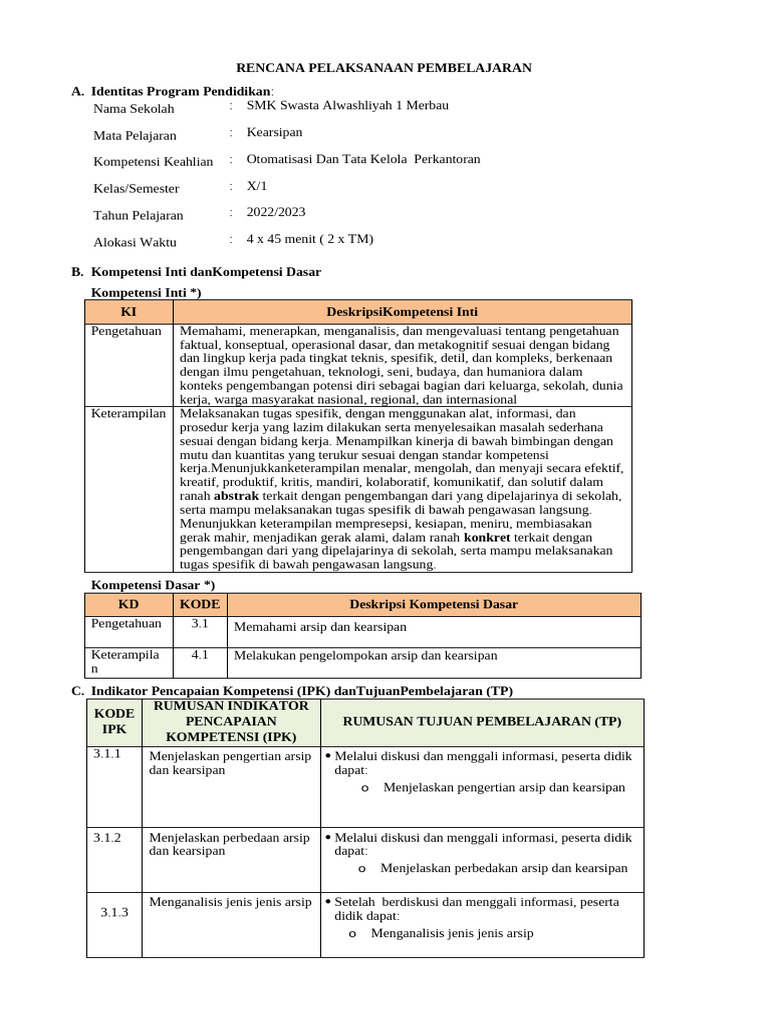 RPP ARSIP k13 GANJIL (2022-2023) | PDF