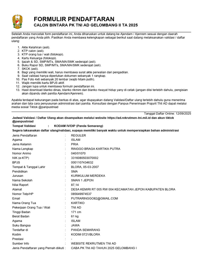 Formulir Pendaftaran CABA PK TNI AD Gelombang II TA 2025 RINGGO | PDF