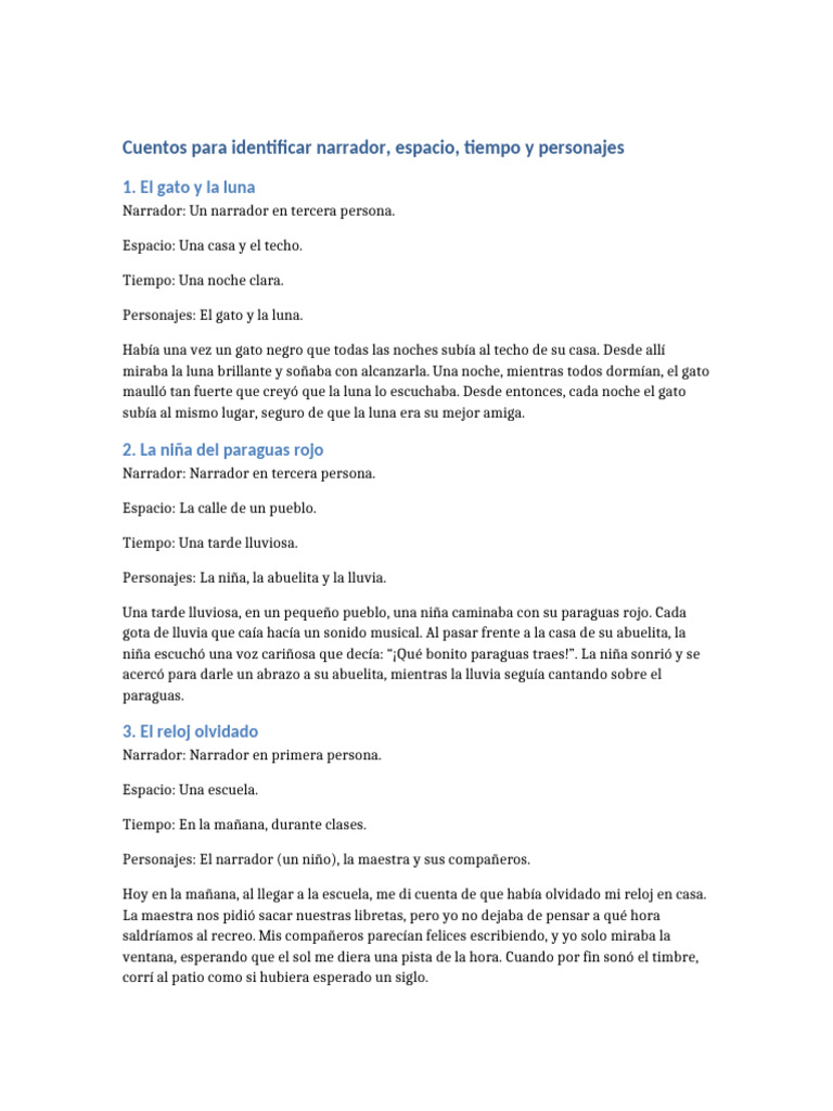 Cuentos para analizar narrador y personajes | PDF