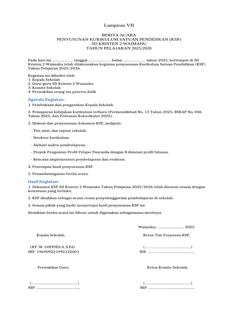 Berita Acara Penyusunan KSP SD 2025/2026 | PDF