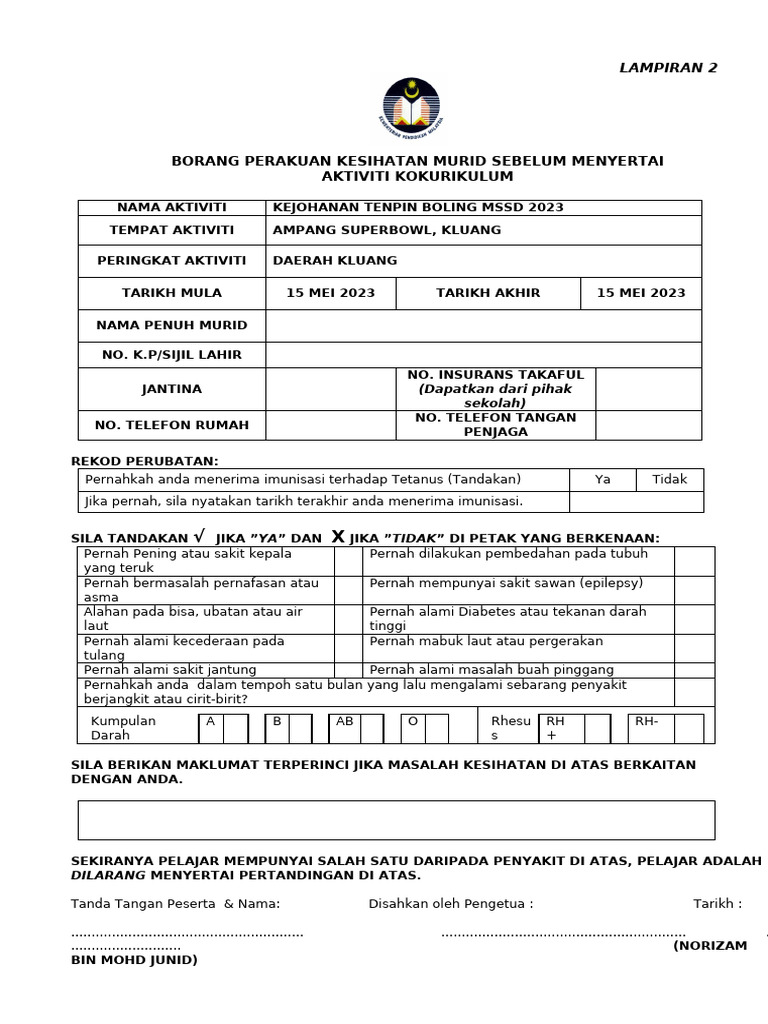 Borang Perakuan Kesihatan Murid Aktiviti Koko Boling Pertandingan | PDF