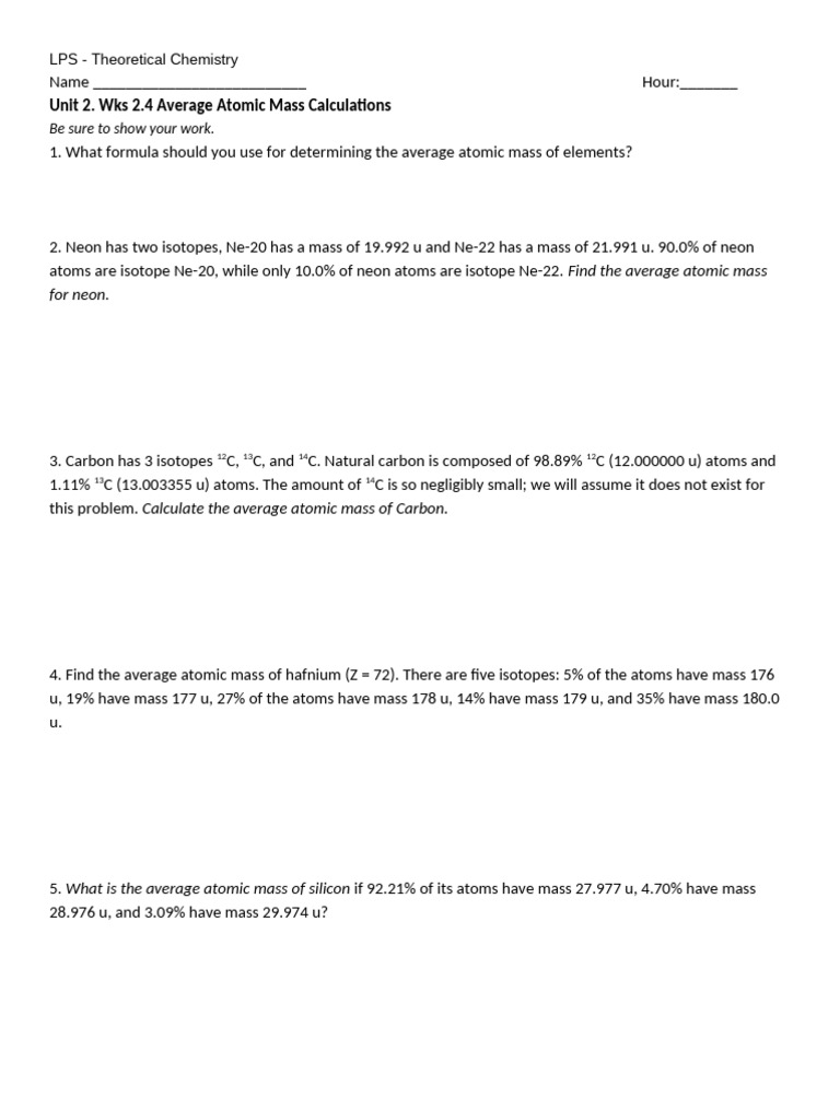 Unit 2. Wks 2.4 Average Atomic Mass Calculations | PDF