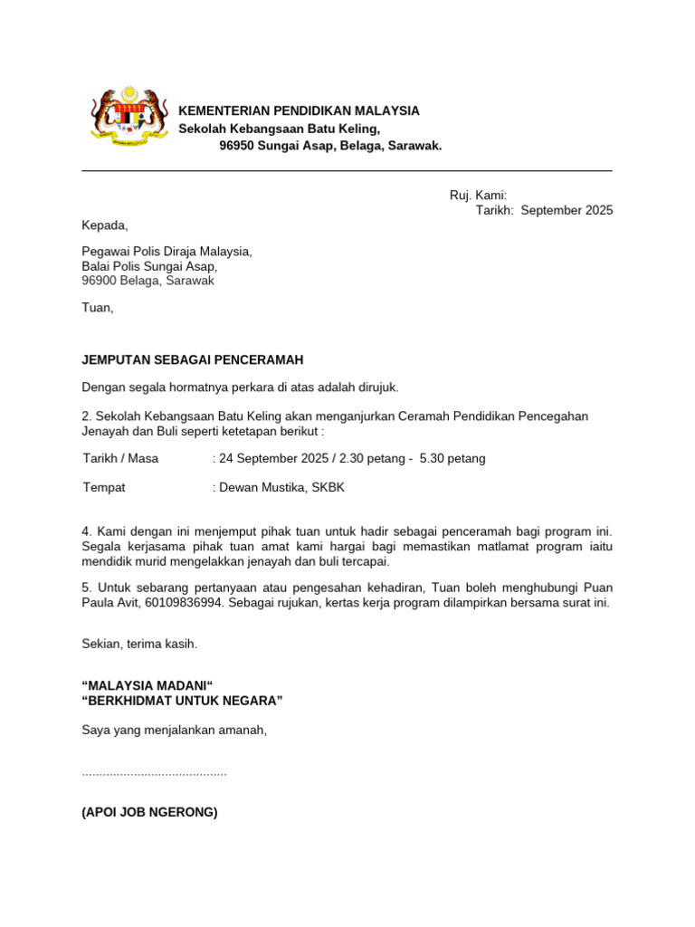 Surat Jemputan Penceramah PDRM | PDF