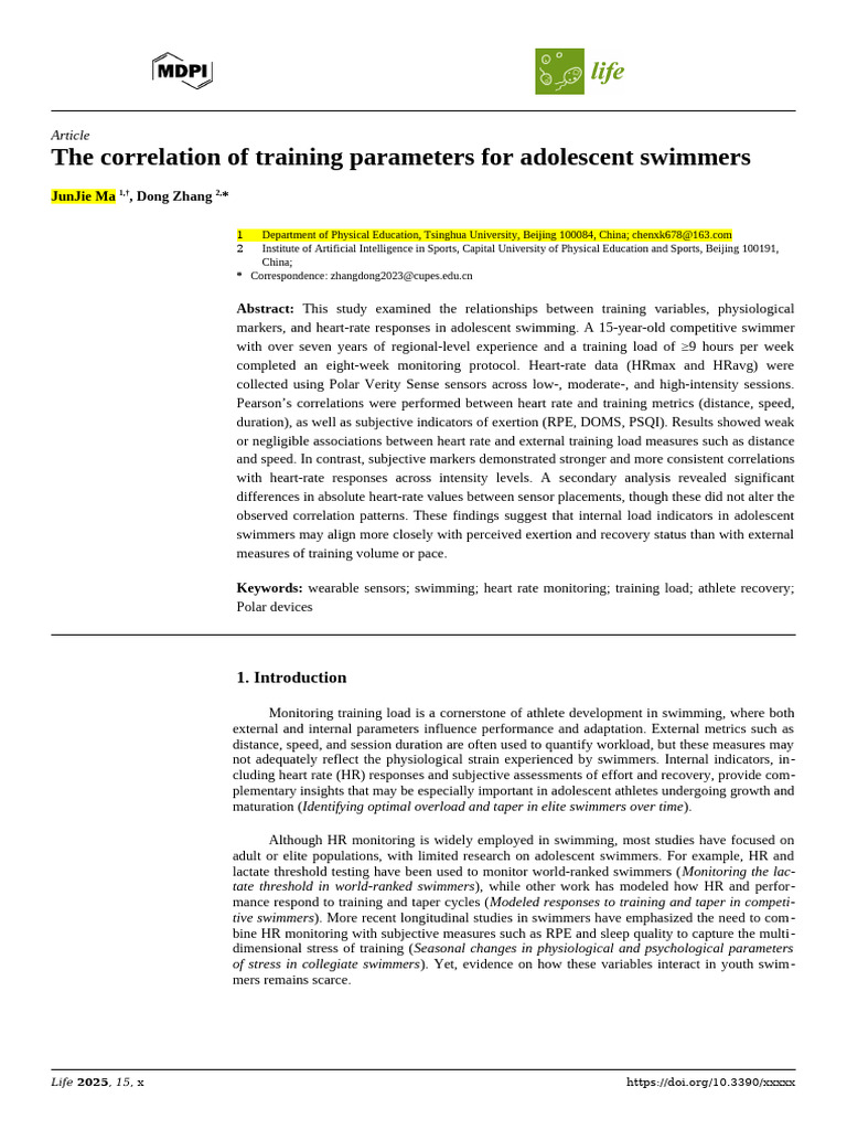 The Correlation of Training Parameters For Adolescent Swimmers | PDF ...
