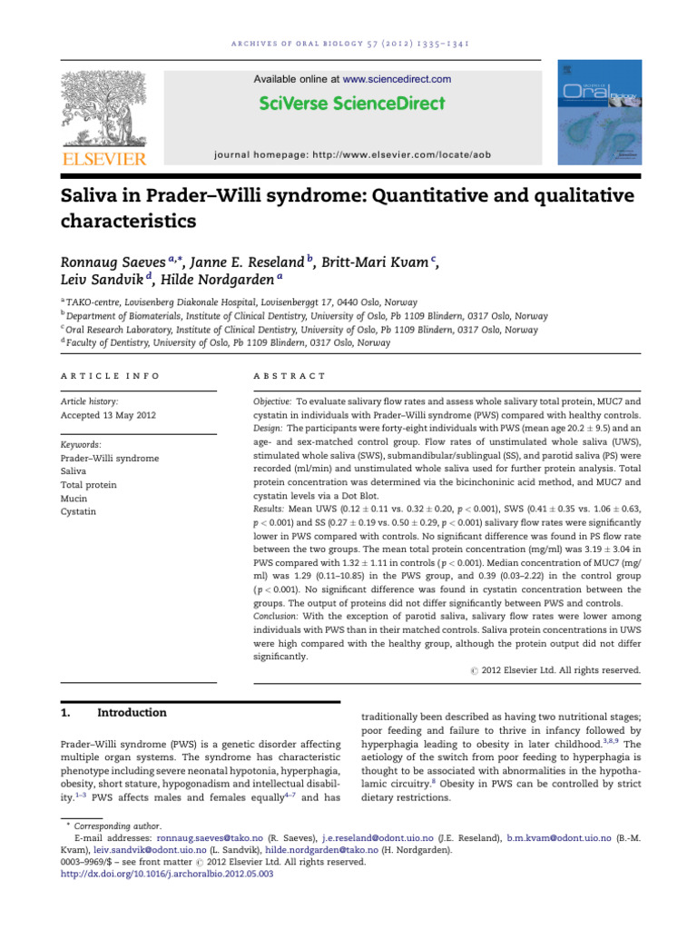 Saliva in Prader-Willi Syndrome Quantitative and Qualitative | PDF ...
