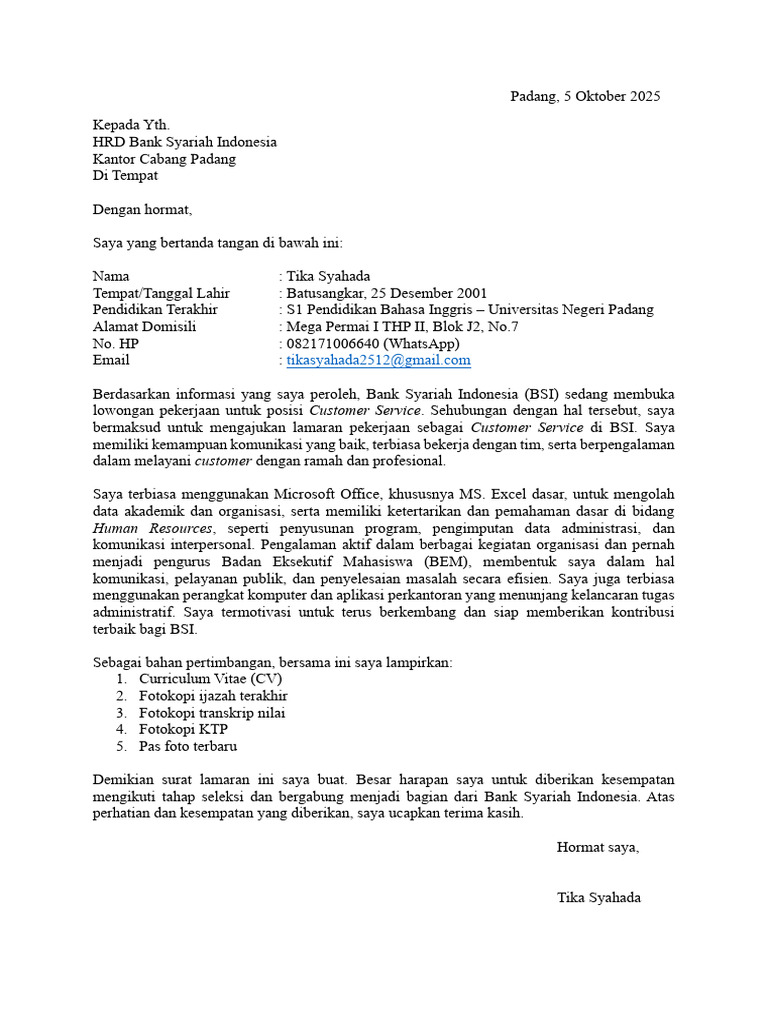 Surat Lamaran_Tika Syahada_CS BSI Padang | PDF
