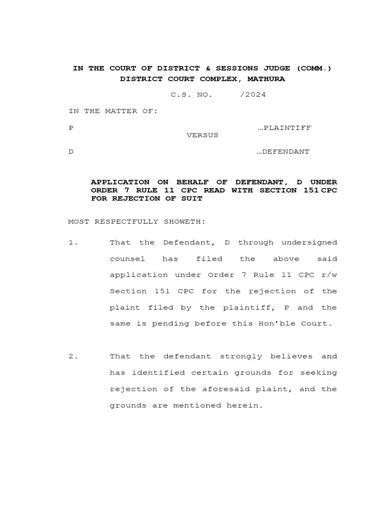Order 7 Rule 11 Application Draft Sample | PDF | Lawsuit | Affidavit