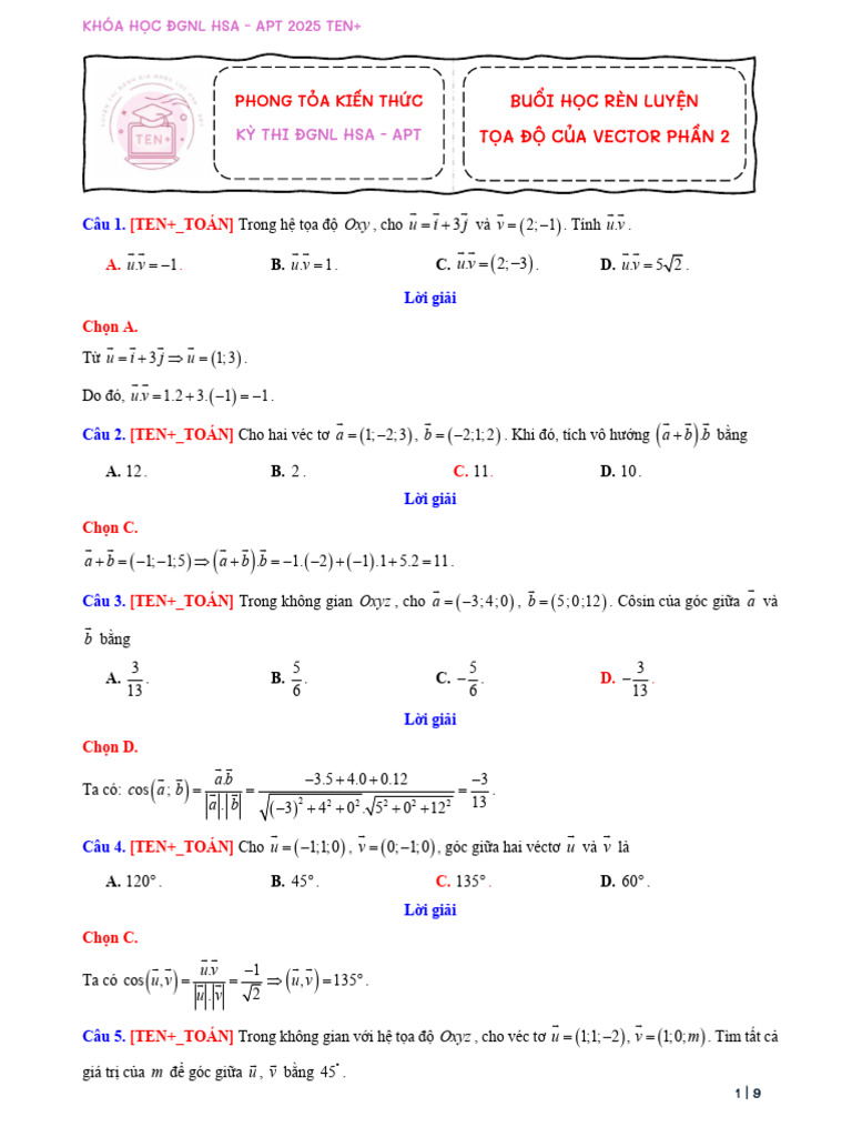 Dap An BTRL Buoi 04 Toa Do Cua Vector Phan 02 | PDF