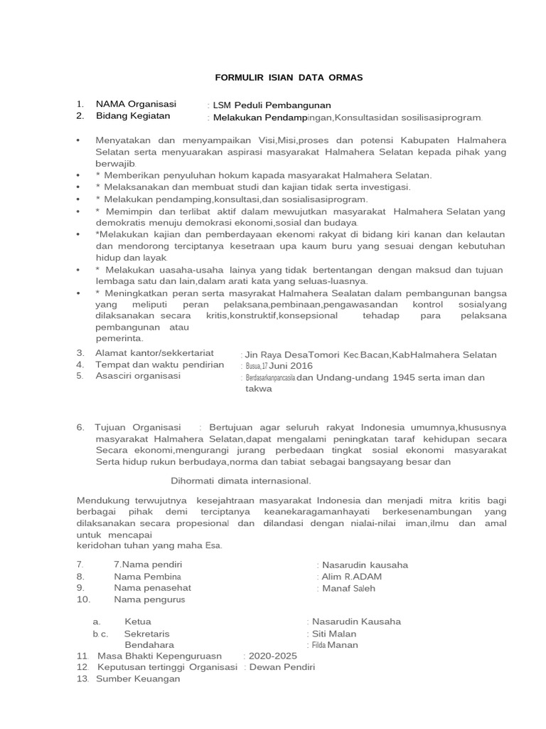 Formulir Data Isian Ormas | PDF