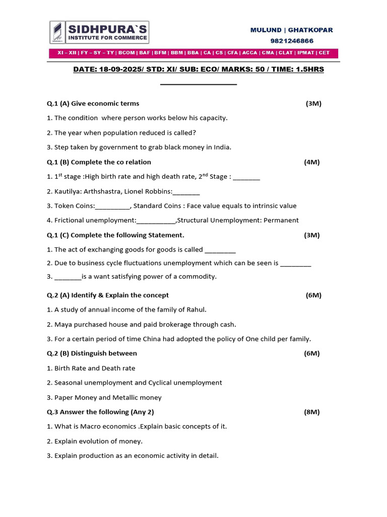 Xi Eco 1st Semester 18.9.25 | PDF | Money | Unemployment