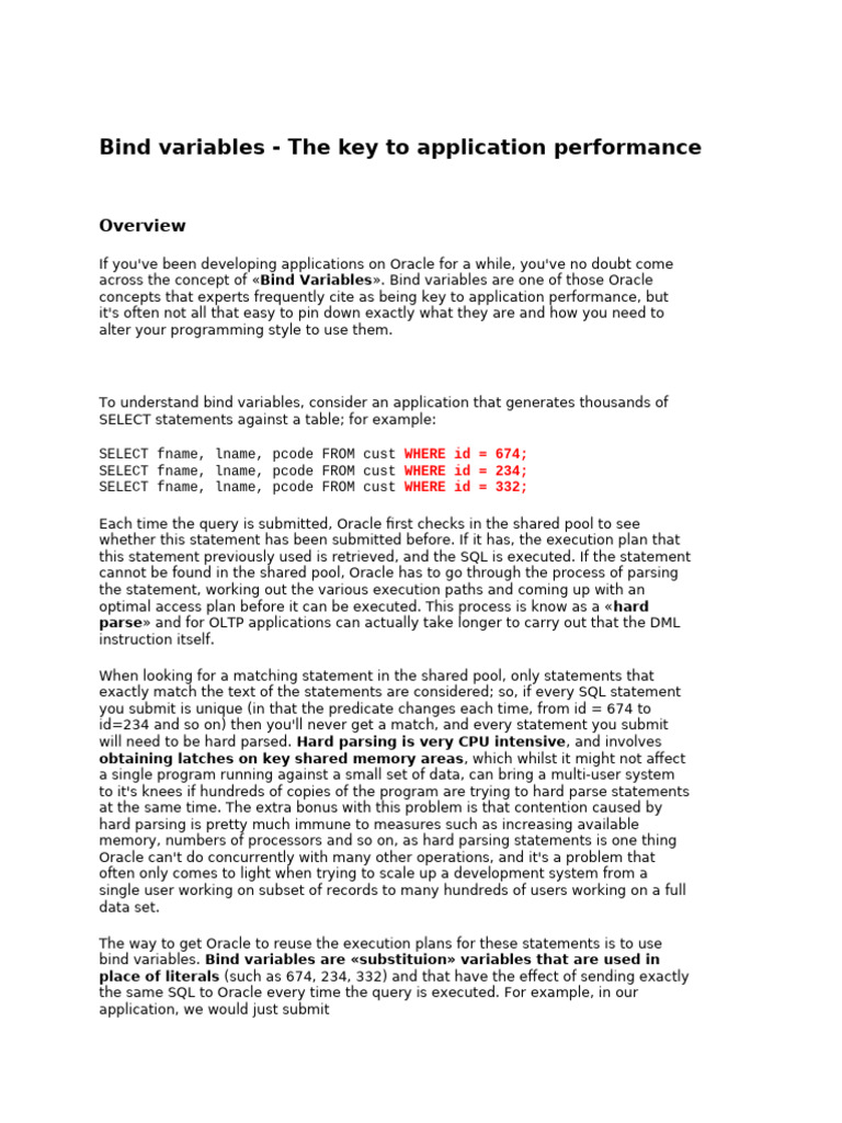 Bind Variables - The Key To Application Performance | PDF | Pl/Sql | Sql