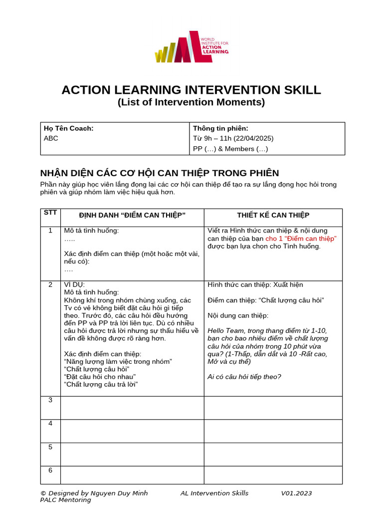 4.1 AL Intervention Skills (List of Moments, Form G I HV) | PDF