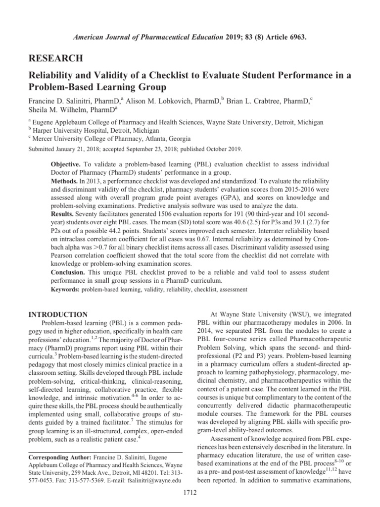 Reliability and Validity of A Checklist To Evaluate Student Performance | PDF | Cronbach's Alpha ...