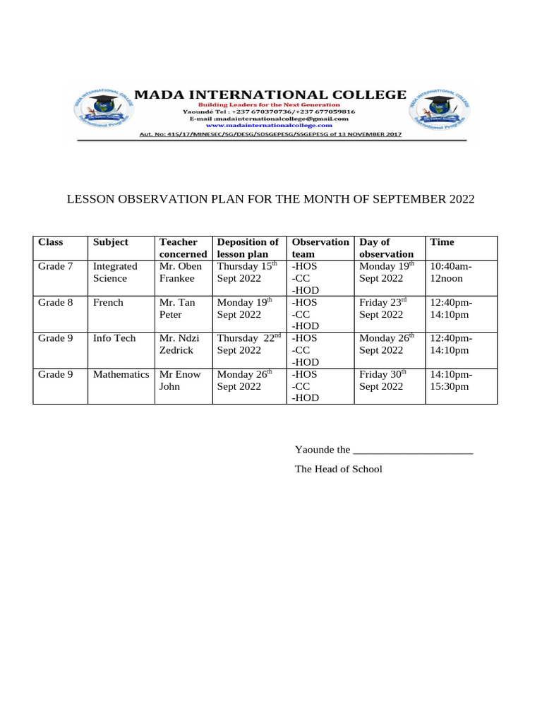 Lesson Observation Plan | PDF