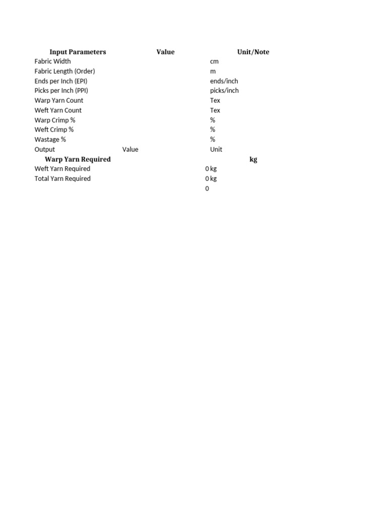 Fabric Yarn Calculation Parameters | PDF