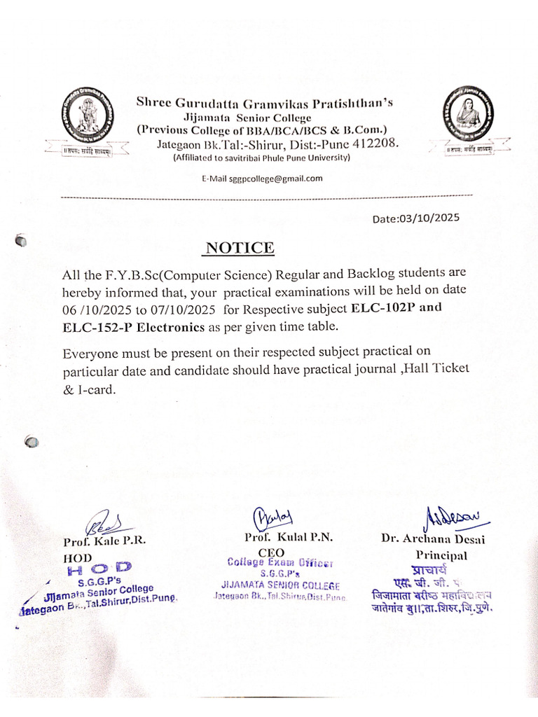 FYBSC (CS) Regular&Backlog Practical Time Table | PDF