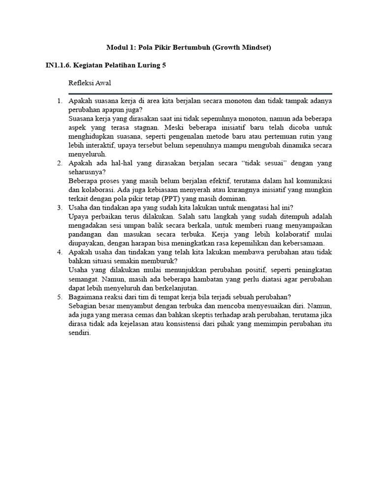 Refleksi Awal - Modul 1 Pola Pikir Bertumbuh (Growth Mindset) - IN1.1.6. Kegiatan Pelatihan ...