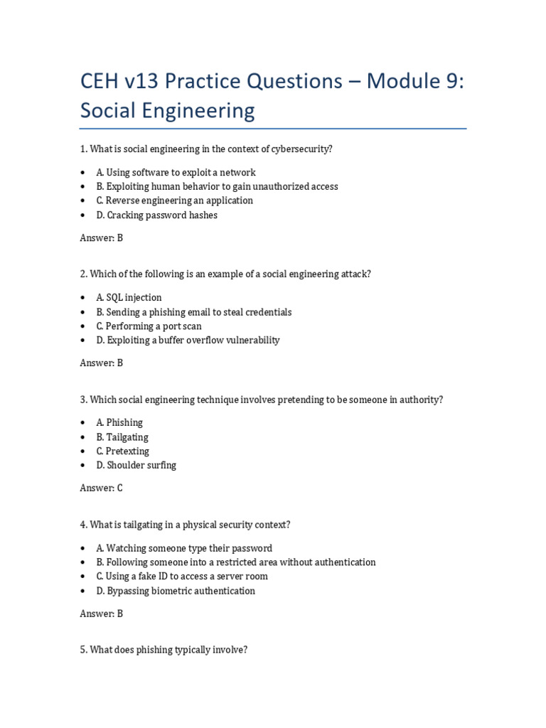 CEH v13 Social Engineering Questions | PDF | Phishing | Social ...