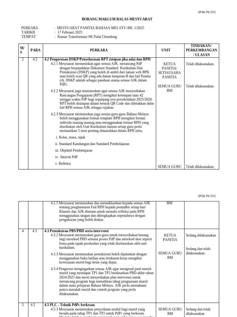 Maklum Balas Minit Bil 1 2025 | PDF