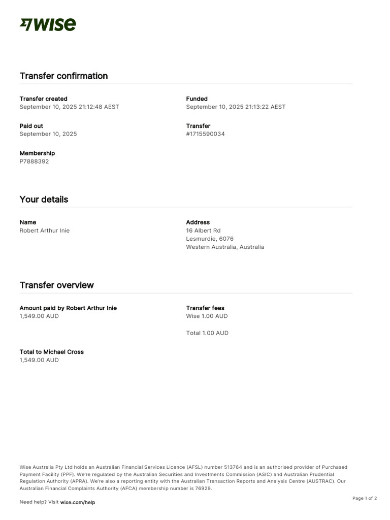 Wise Transfer Confirmation Transfer 1715590034 250910 191500 | PDF ...