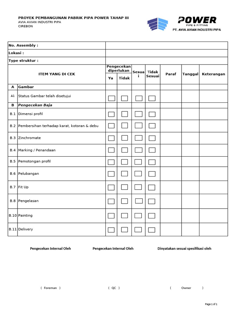 431964791 Form Ceklist Pekerjaan Baja | PDF
