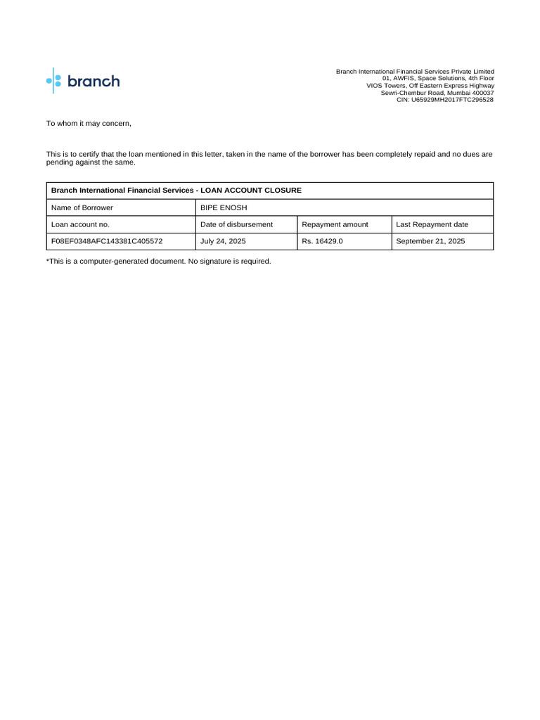 Loan Closure Certificate for BIPE ENOSH | PDF