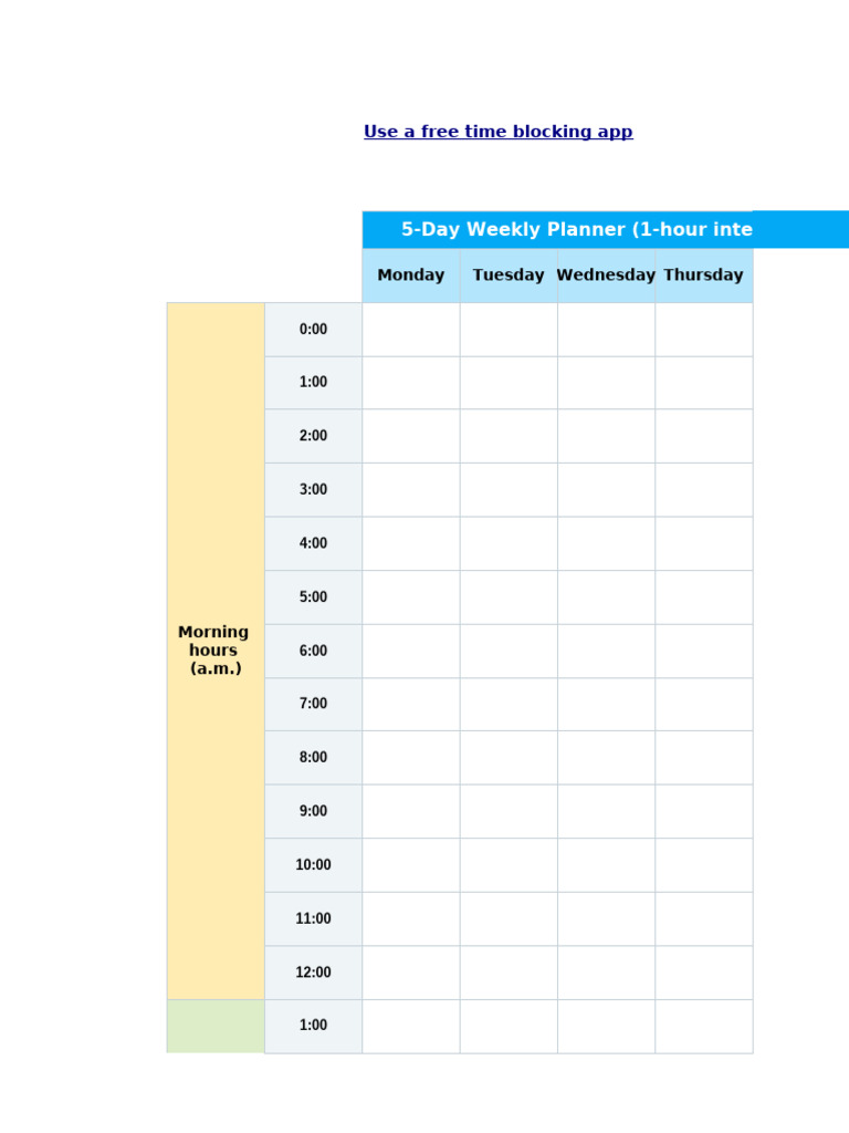 5-Day Weekly Planner (1-Hour Intervals) | PDF