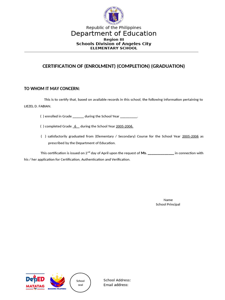 Cav Form 4 Certification of Enrolment, Completion, Graduation | PDF