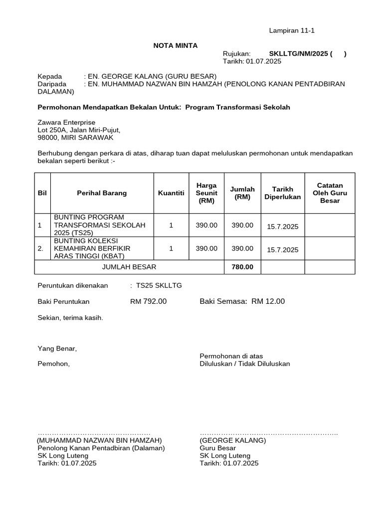 Nota Minta PCG TS25 2025 | PDF