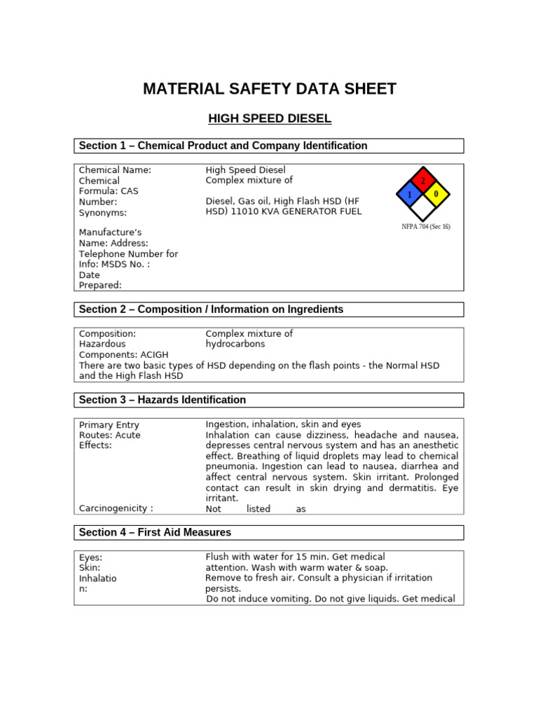 High Speed Diesel - Msds | PDF | Combustion