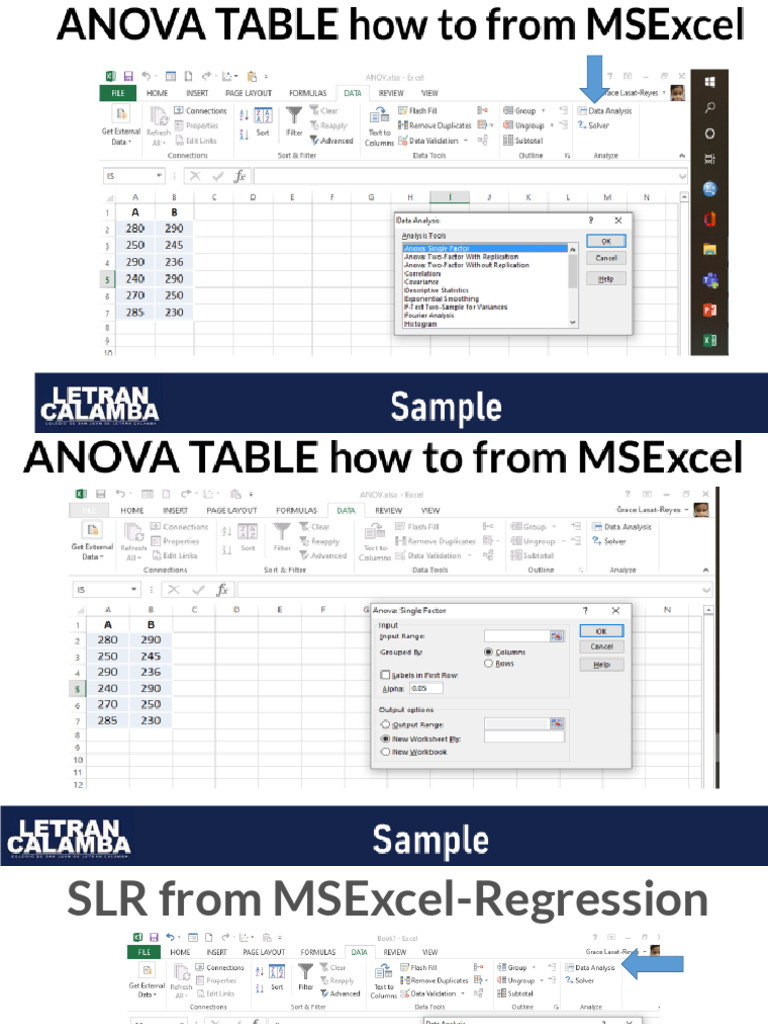 MATH 323-17a-Procedure For ANOVA & SLR Via Excel | PDF