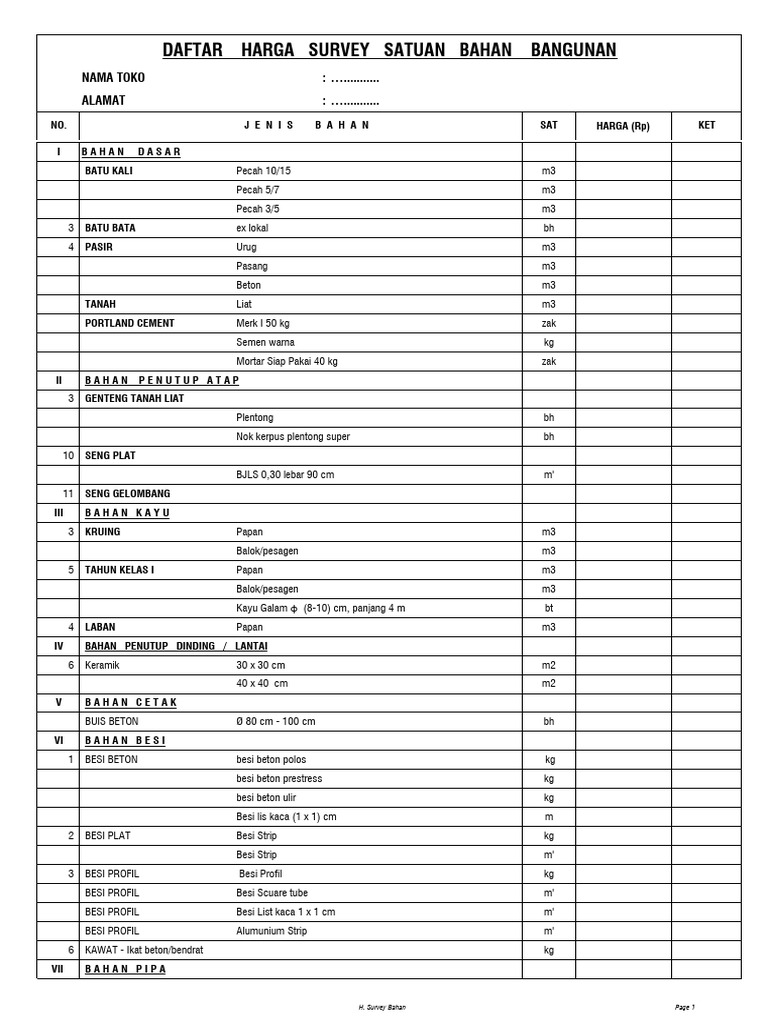Form Survey Harga Bahan | PDF