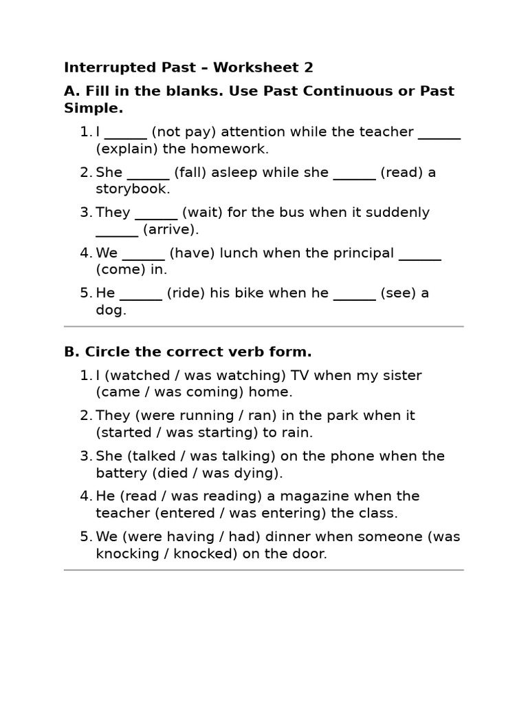 Interrupted Past Exercises Worksheet | PDF