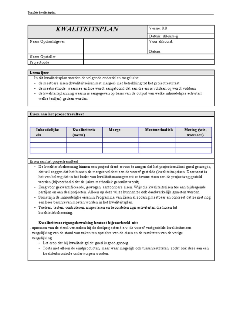 Template Kwaliteitsplan | PDF