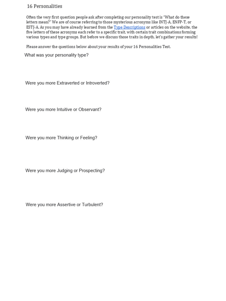 16 Personalities Questionnaire - Fillable | PDF
