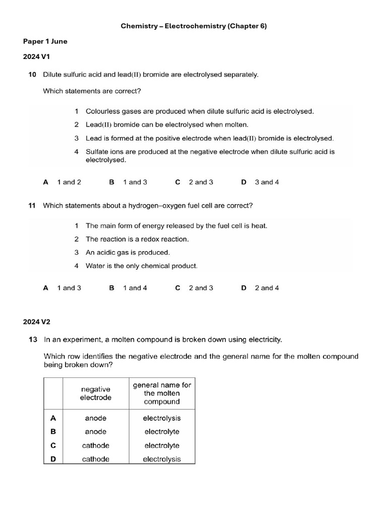 Chemistry - Electrochemistry Worksheet Paper 1-4 June | PDF