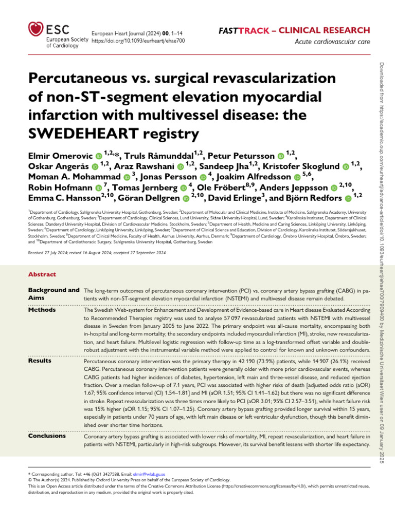 PCI and CABG in NSTEMI Data From Swedeheart 1736424225 | PDF ...