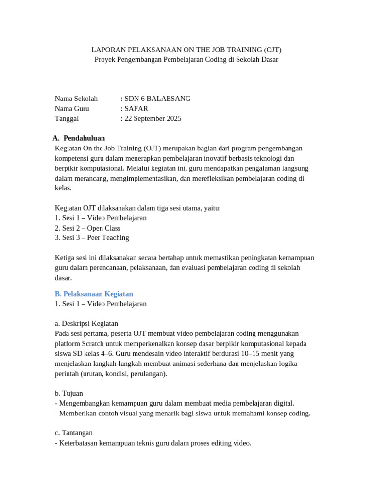Laporan OJT Pembelajaran Coding SD | PDF