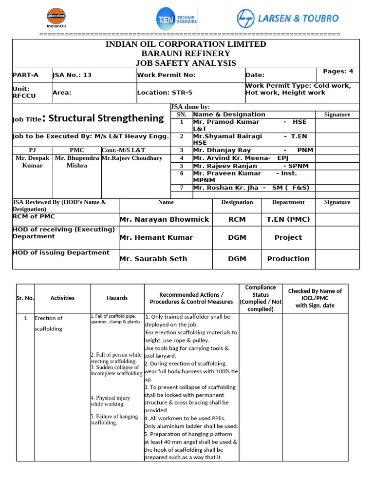Job Safety Analysis for Structural Work | PDF | Personal Protective ...