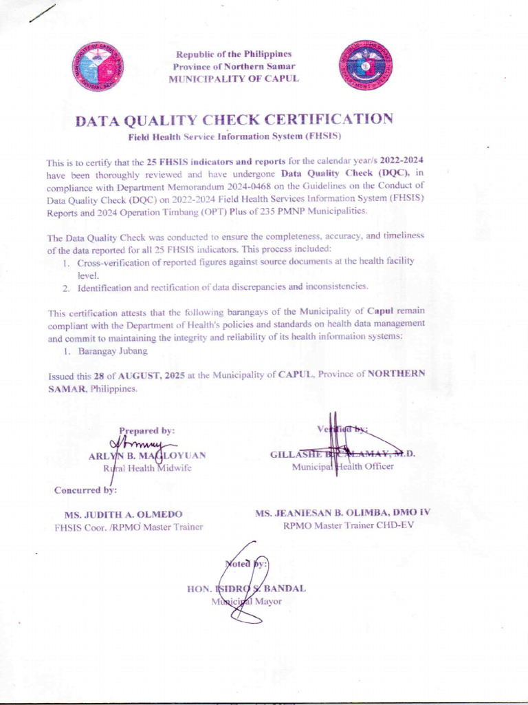 Municipal DQC - Brgy. Jubang | PDF