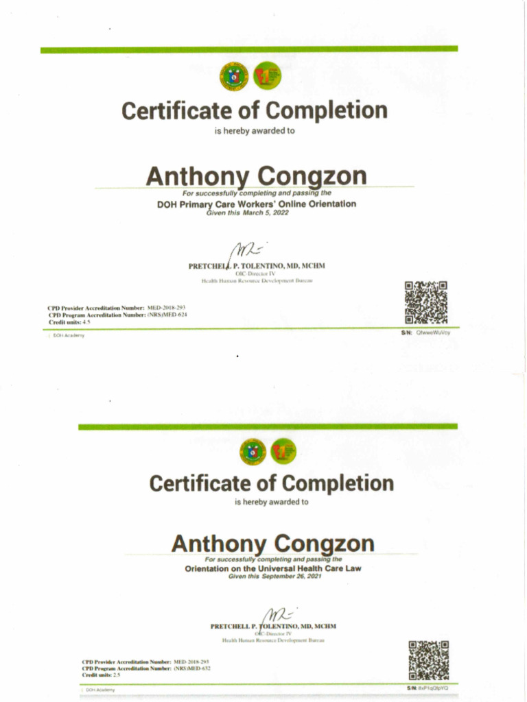 CERTIFICATES - Universal Healthcare (UHC) | PDF