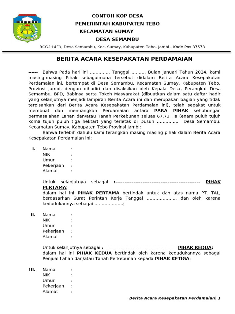 Berita Acara Kesepakatan Perdamaian | PDF