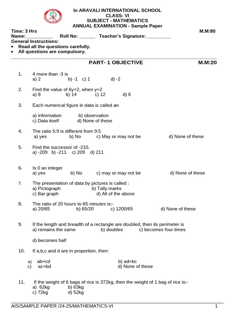Class 6 Maths Sample Paper 2023-2024 | PDF | Rectangle | Area