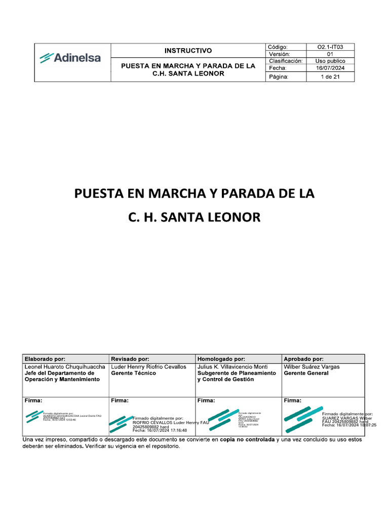 Instructivo - Puesta en Marcha y Parada C.H. Sta. Leonor | PDF | Informática