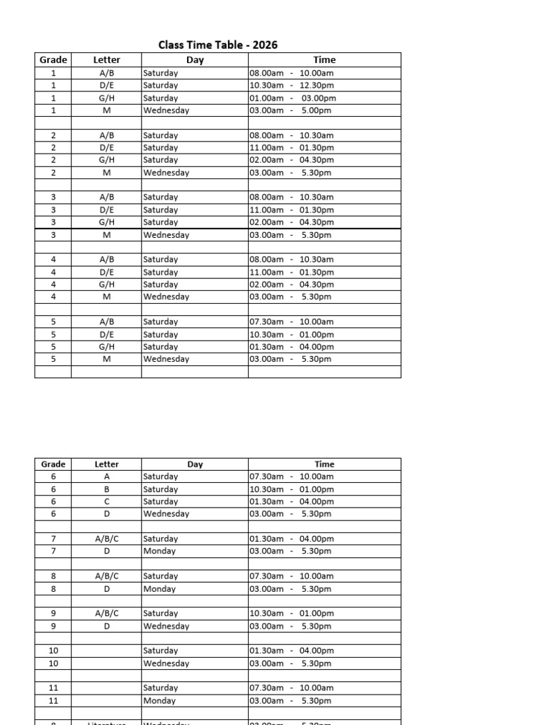 2026 Class Schedule by Grade and Time | PDF