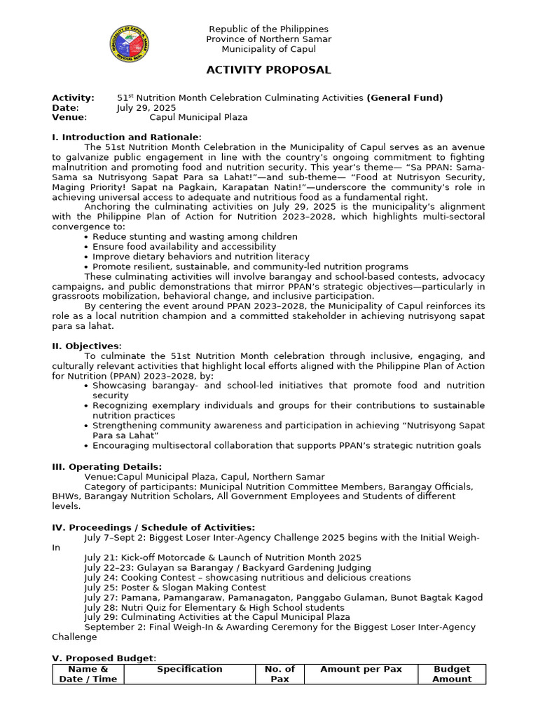 ACTIVITY PROPOSAL - Nutrition Month Celebration 2025 - Gen. Fund | PDF ...