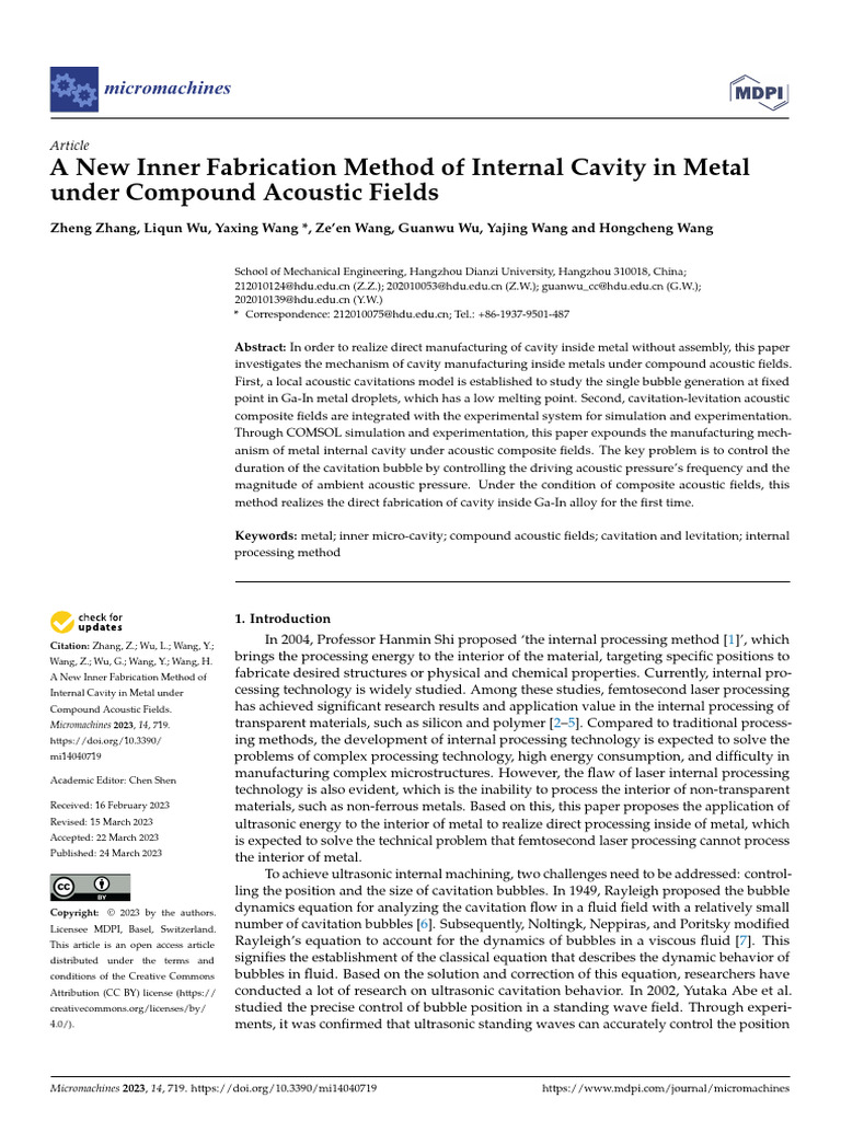 Metal Cavity Fabrication via Acoustic Fields | PDF | Fluid Dynamics ...